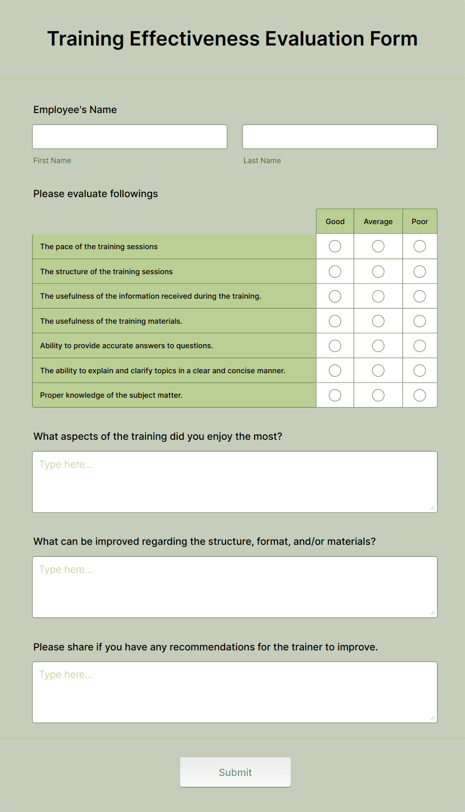 Training Effectiveness Evaluation Form Template | Jotform