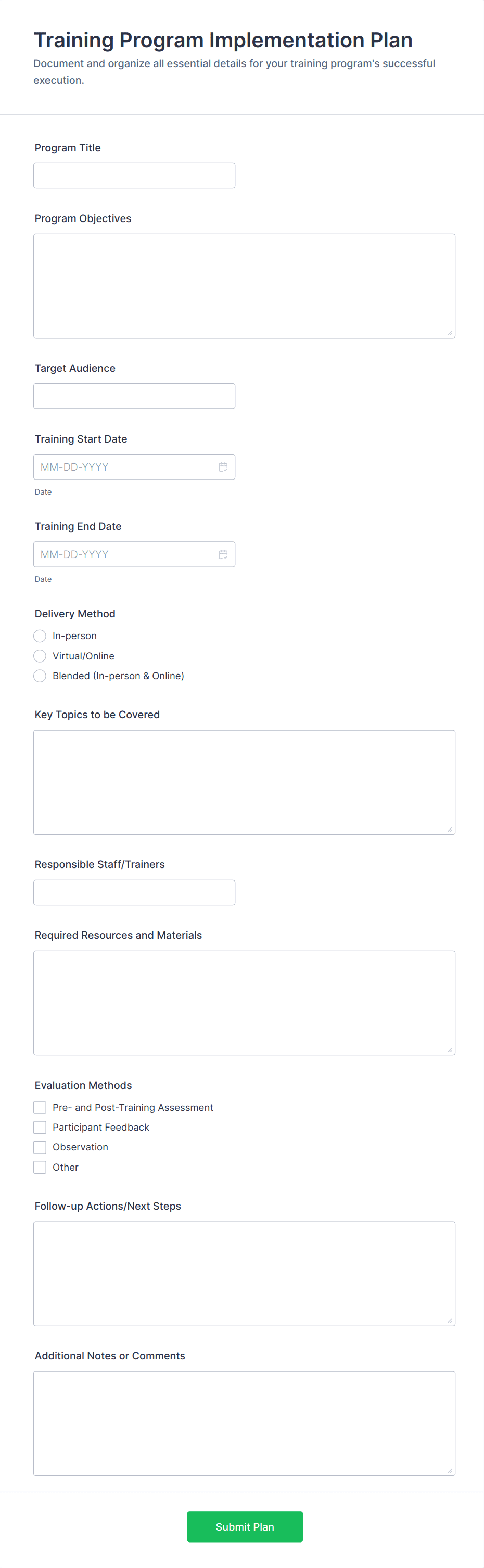 Training Program Implementation Plan Form Template | Jotform