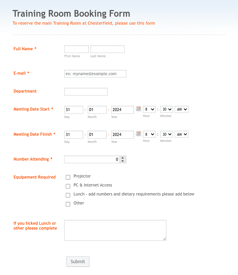 Training Room Booking Form Template | Jotform