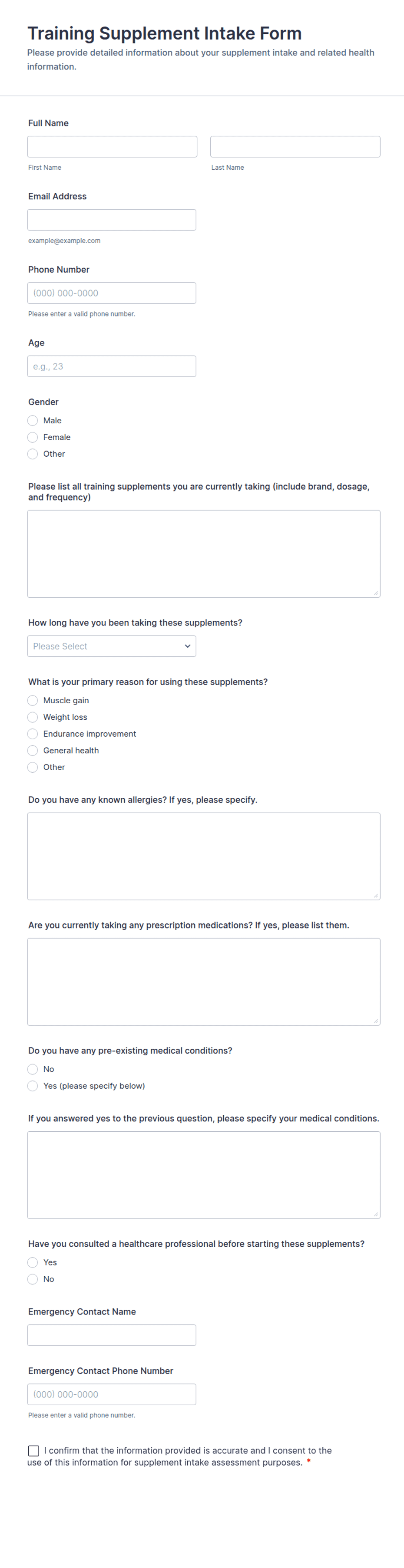 Training Supplement Intake Form Template | Jotform
