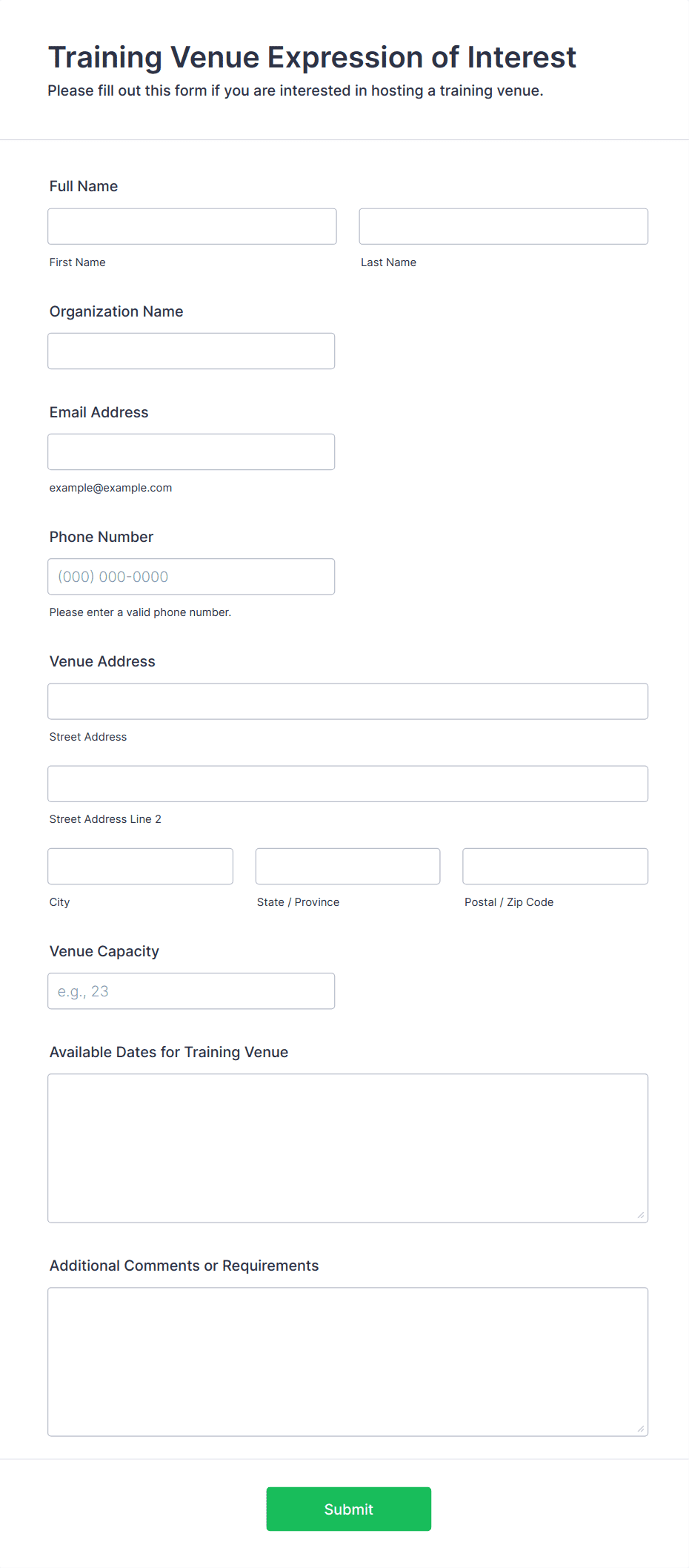 Training Venue Expression of Interest Form Template | Jotform