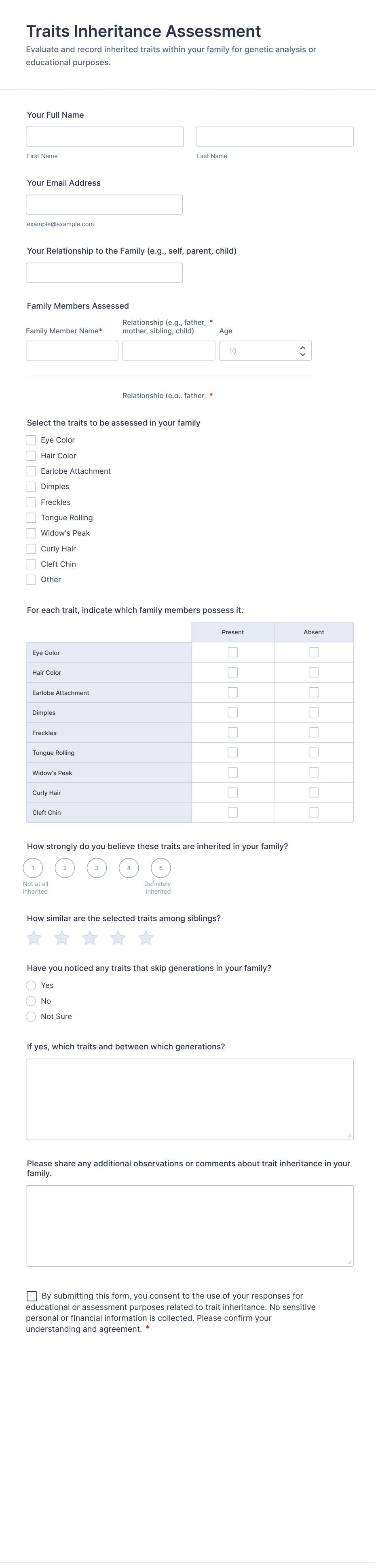 Traits Inheritance Assessment Form Template | Jotform