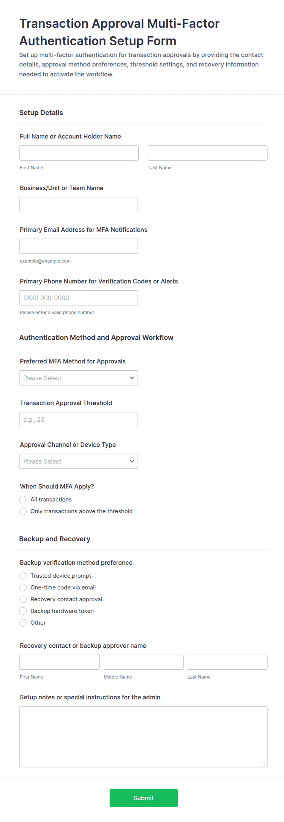 Transaction Approval Multi-Factor Authentication Setup Form Template ...