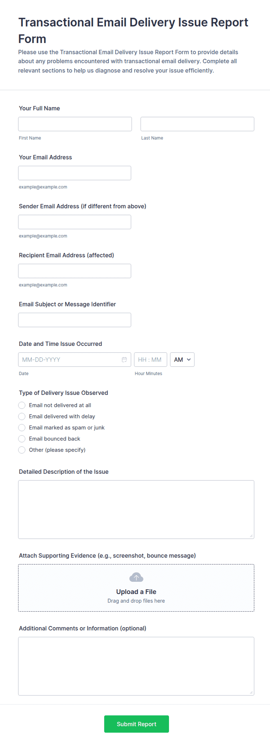 Transactional Email Delivery Issue Report Form Template | Jotform