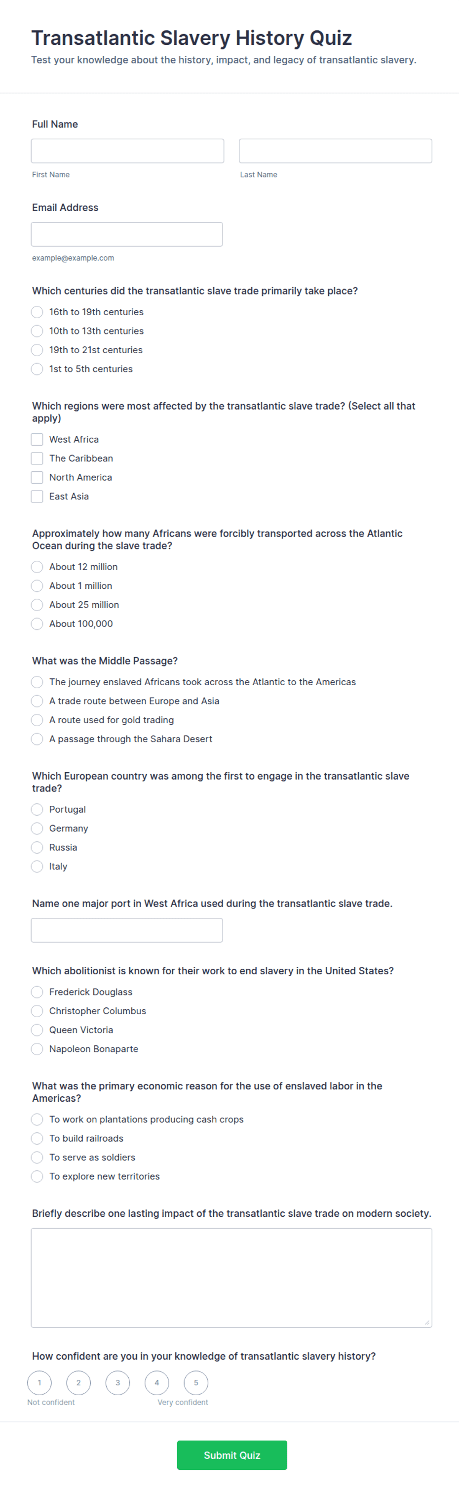 Transatlantic Slavery History Quiz Form Template | Jotform