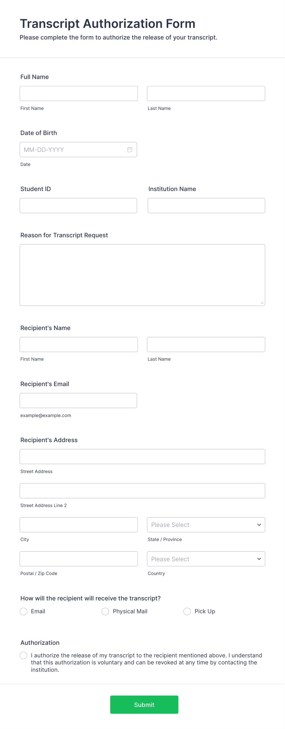 Transcript Authorization Form Template | Jotform