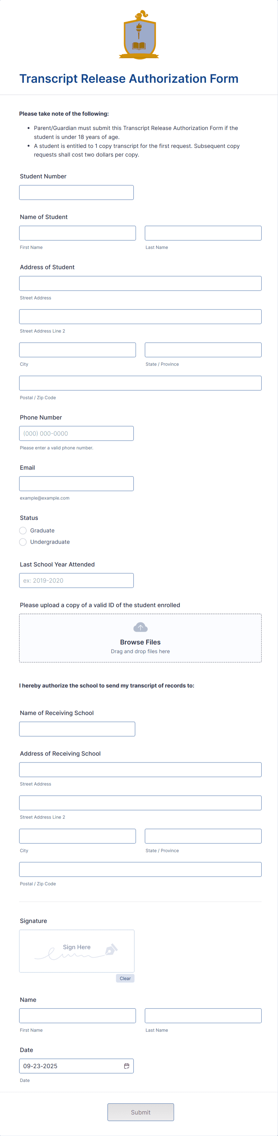 Transcript Release Authorization Form Template | Jotform