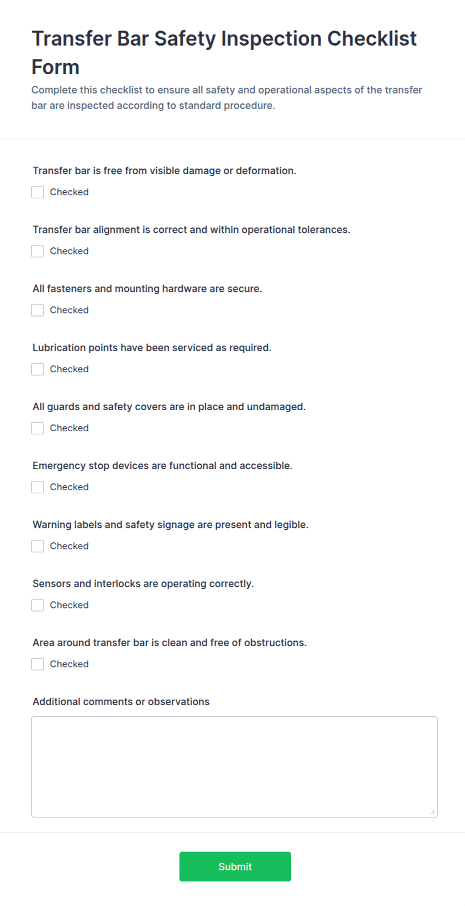 Transfer Bar Safety Inspection Checklist Form Template | Jotform