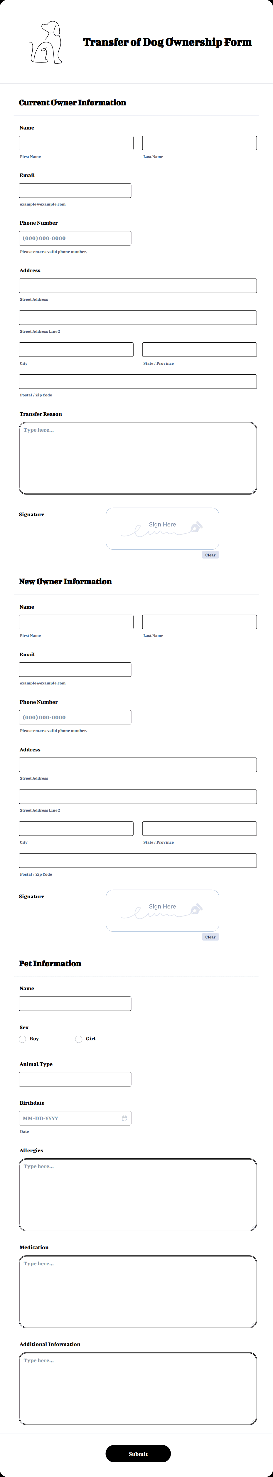 Transfer of Dog Ownership Form Template | Jotform