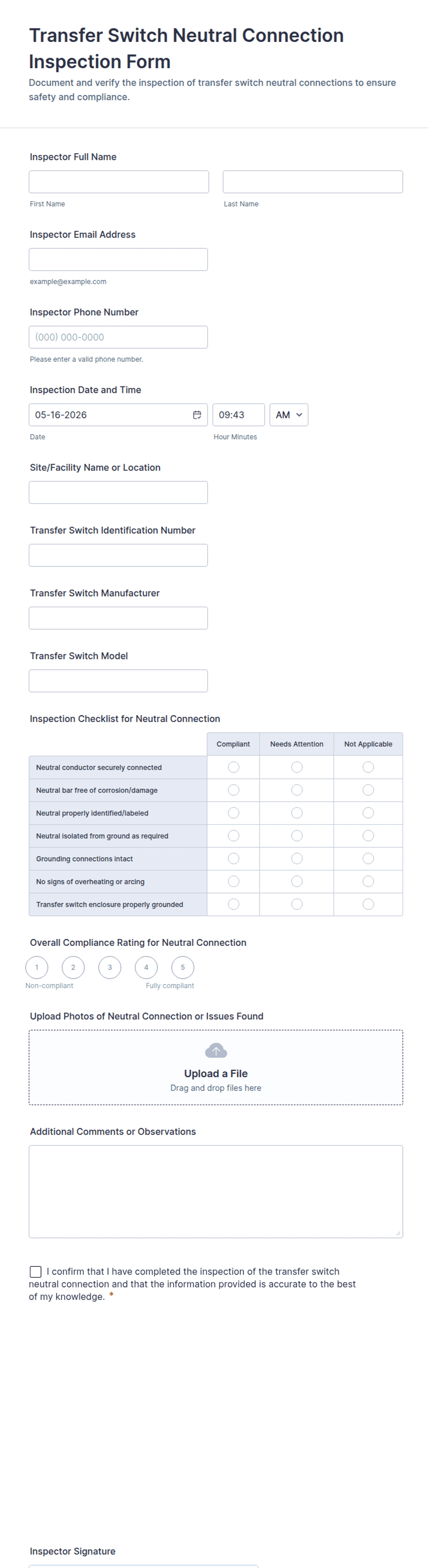 Transfer Switch Neutral Connection Inspection Form Template | Jotform