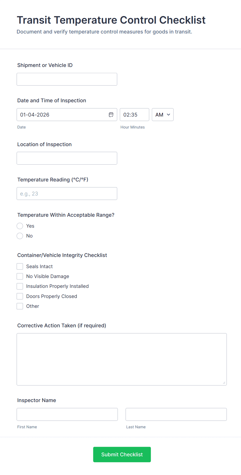 Transit Temperature Control Checklist Form Template | Jotform