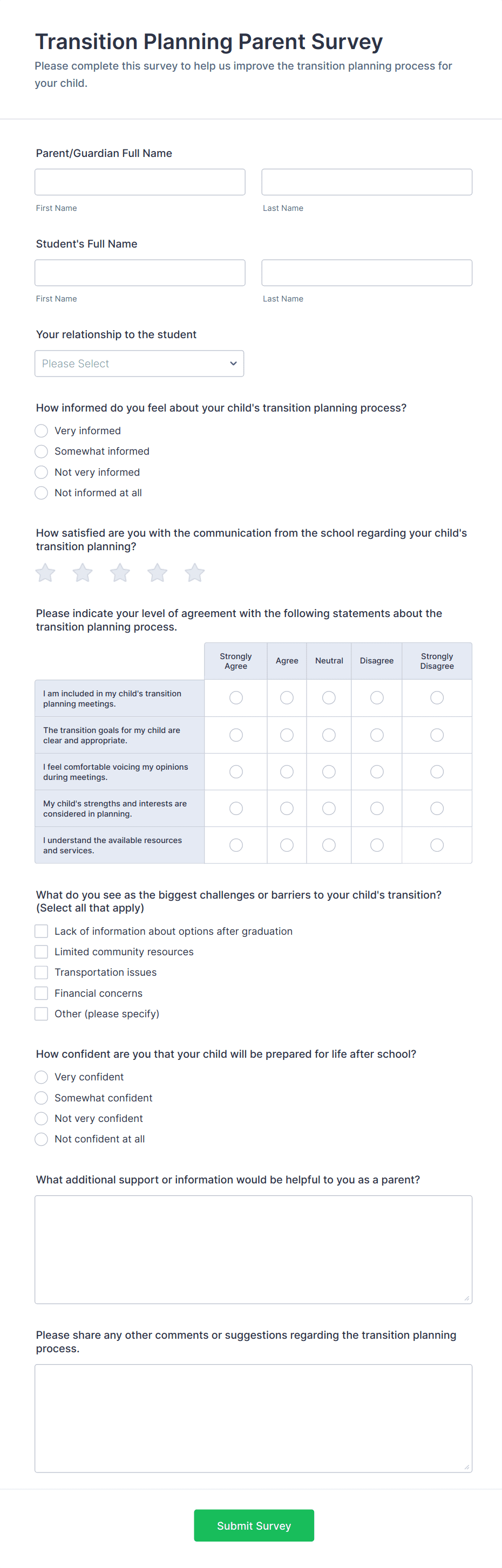 Transition Planning Parent Survey Form Template | Jotform