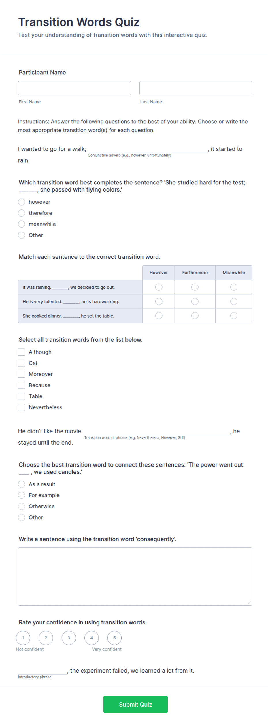 Transition Words Quiz Form Template | Jotform