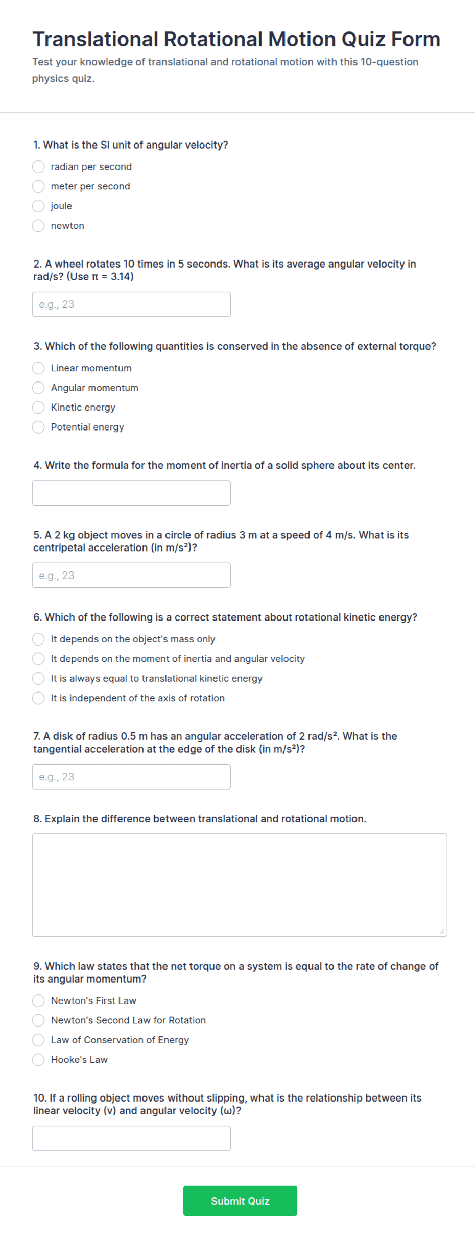 Translational Rotational Motion Quiz Form Template | Jotform