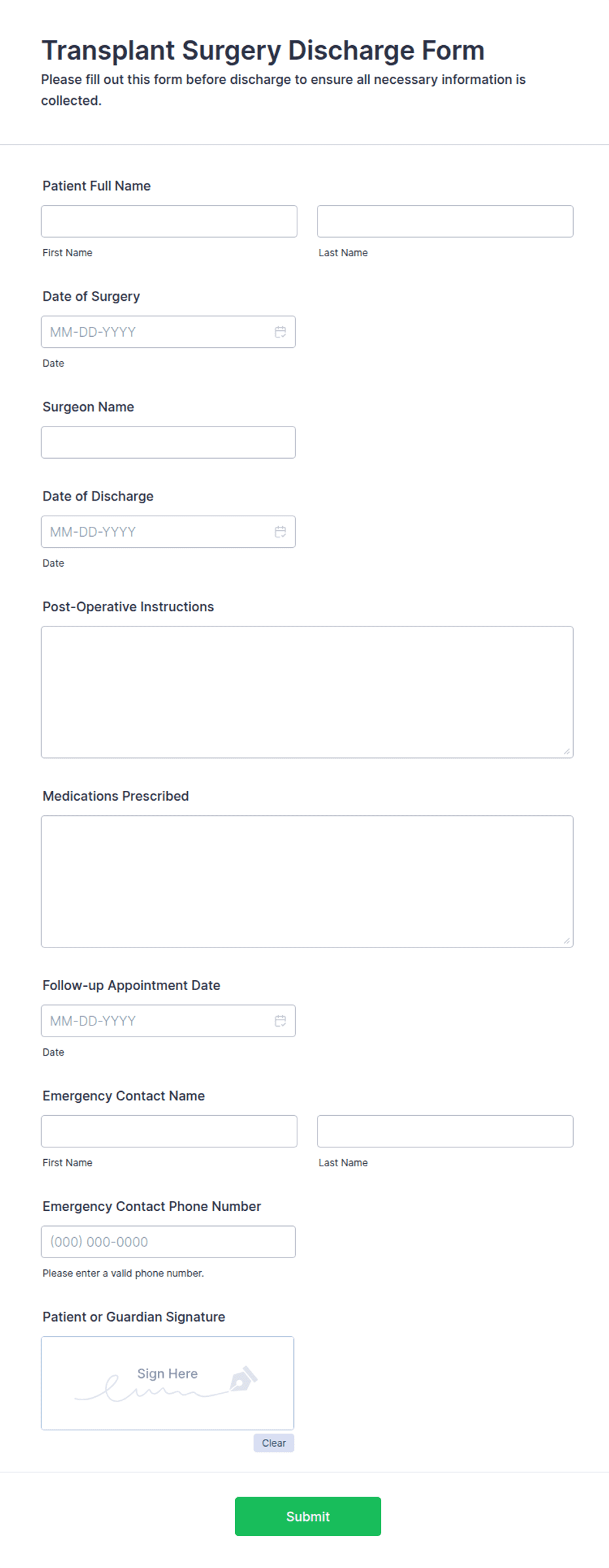 Transplant Surgery Discharge Form Template | Jotform
