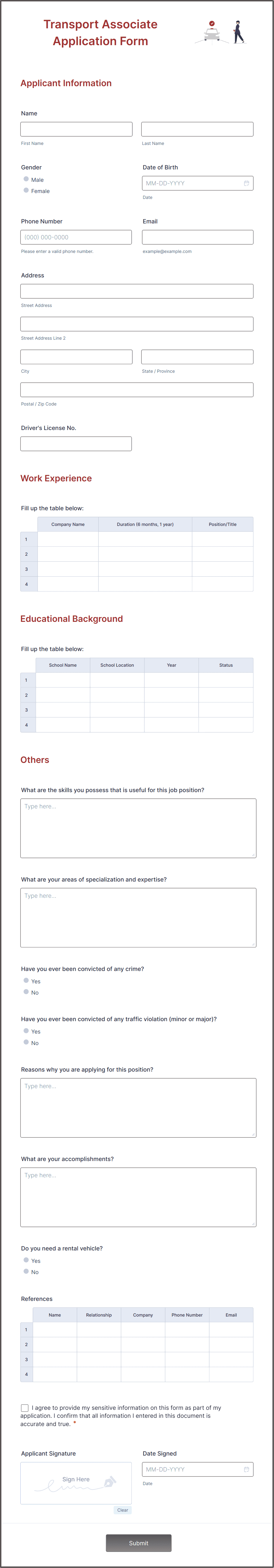 Transport Associate Application Form Template | Jotform