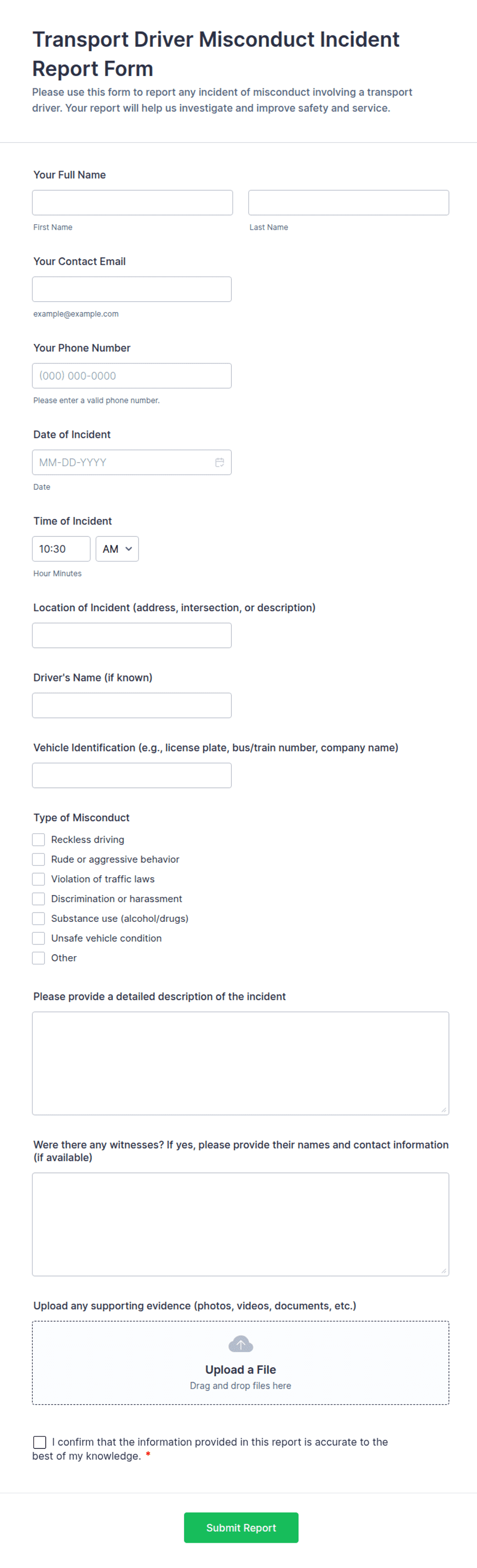 Transport Driver Misconduct Incident Report Form Template | Jotform