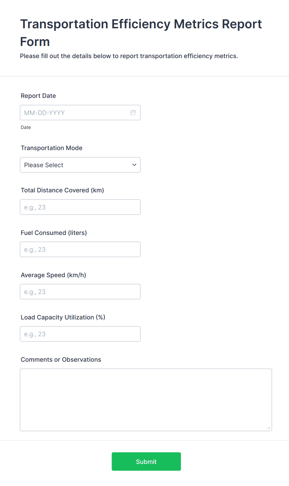 Transportation Efficiency Metrics Report Form Template | Jotform