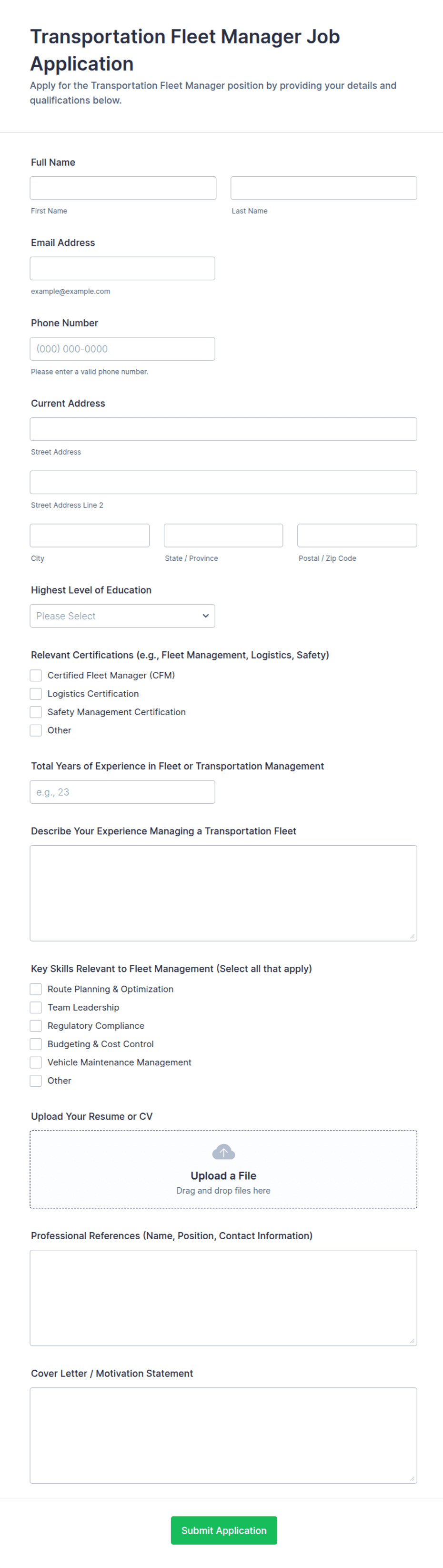 Transportation Fleet Manager Job Application Form Template | Jotform