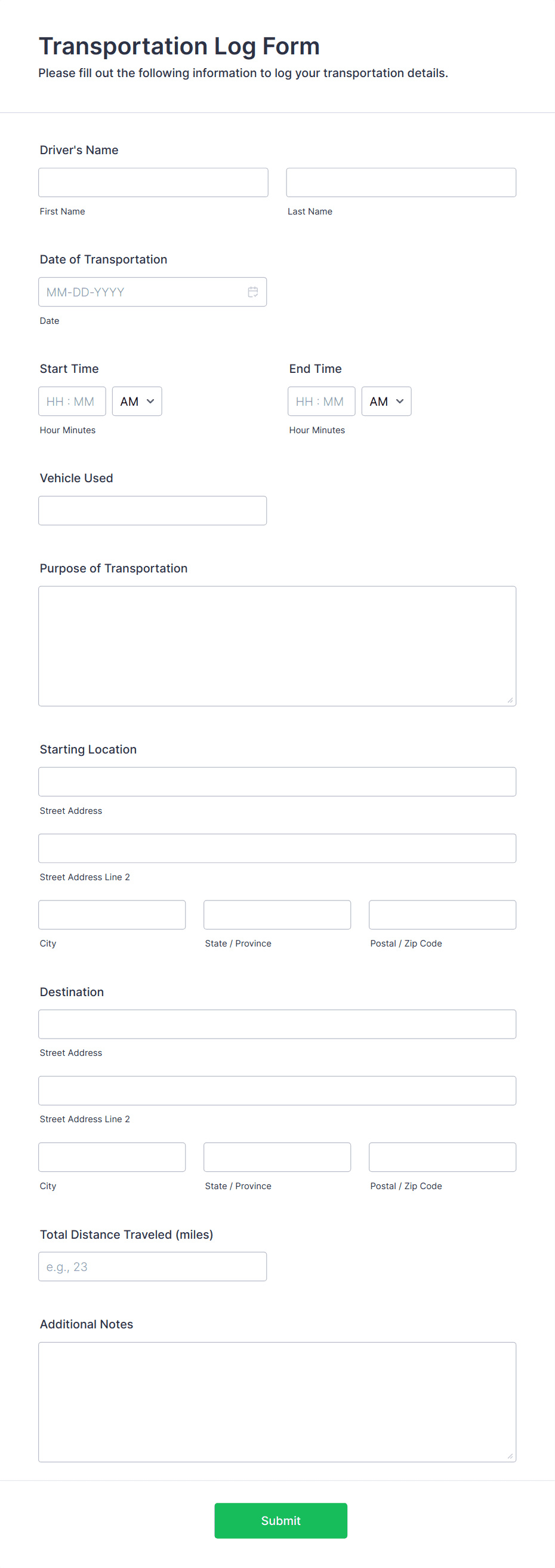 Transportation Log Form Template | Jotform