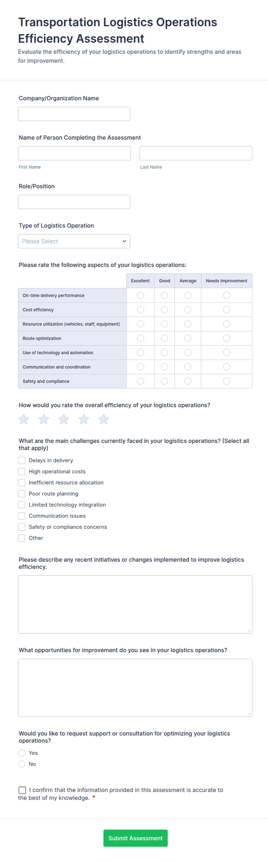 Transportation Logistics Operations Efficiency Assessment Form Template ...