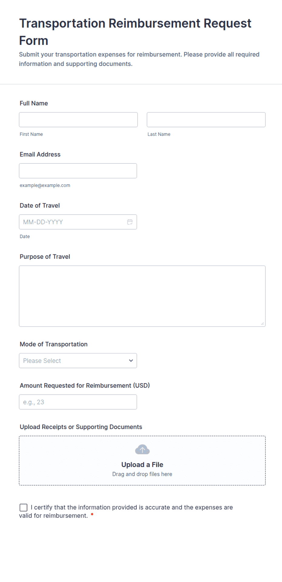 Transportation Reimbursement Request Form Template | Jotform
