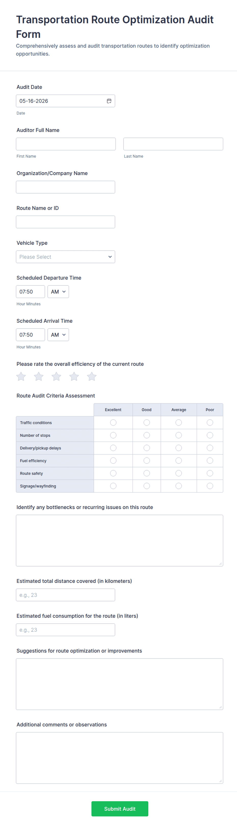 Transportation Route Optimization Audit Form Template | Jotform