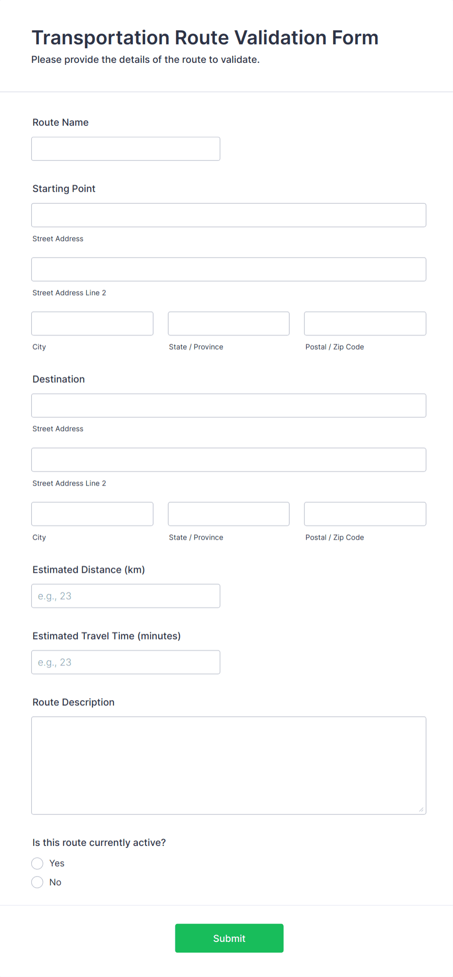 Transportation Route Validation Form Template | Jotform