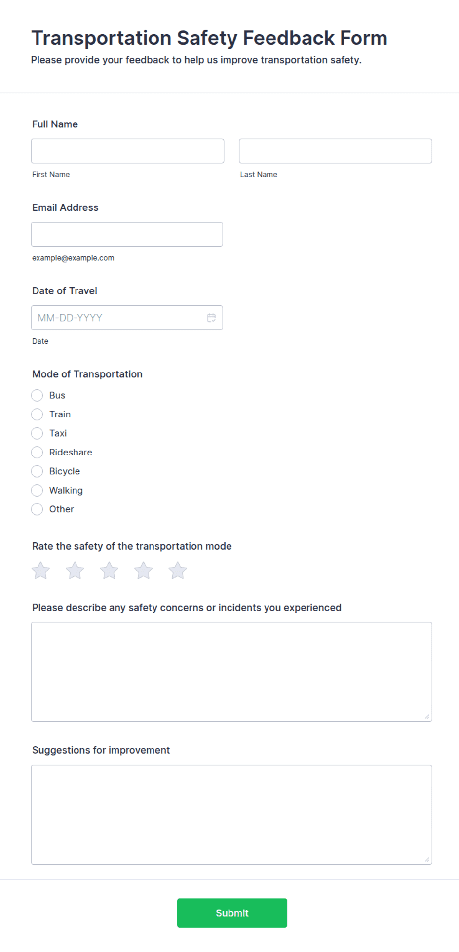 Transportation Safety Feedback Form Template | Jotform