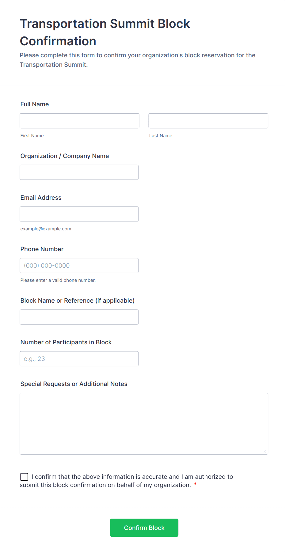 Transportation Summit Block Confirmation Form Template | Jotform