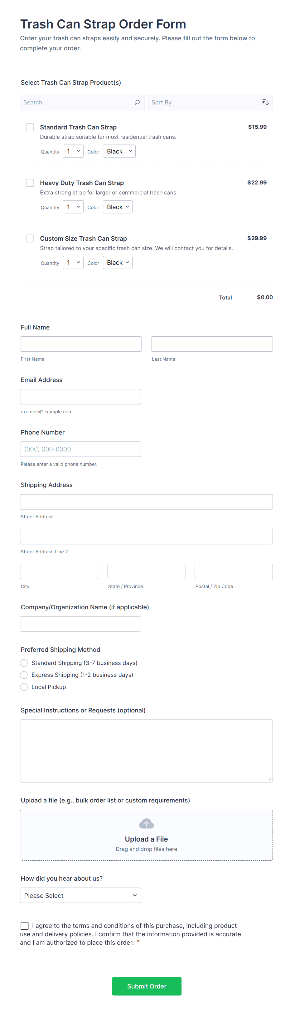 Trash Can Strap Order Form Template | Jotform