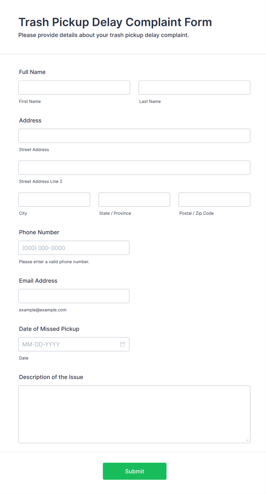 Trash Pickup Delay Complaint Form Template | Jotform