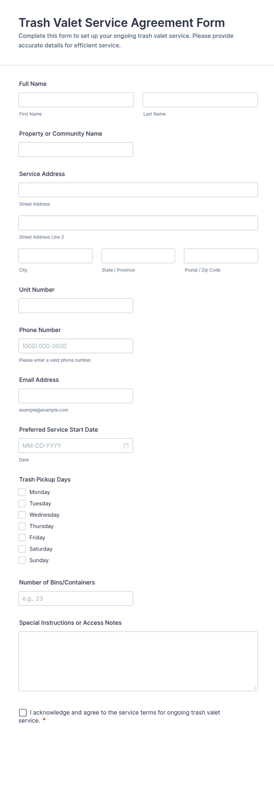 Trash Valet Service Agreement Form Template | Jotform