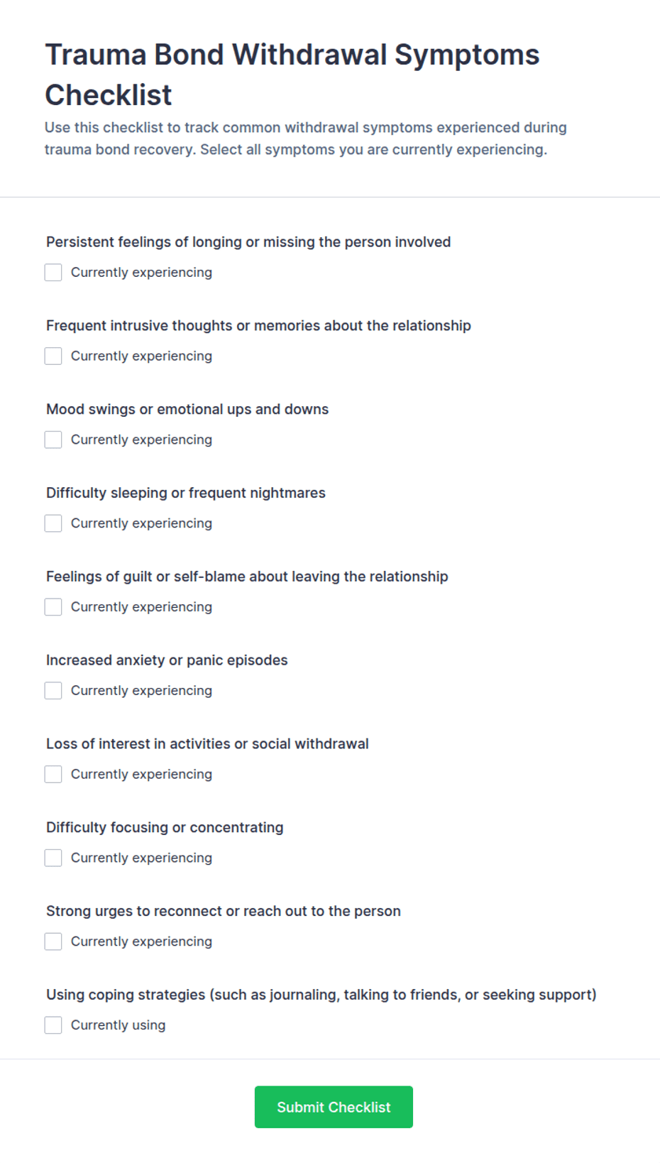 Trauma Bond Withdrawal Symptoms Checklist Form Template | Jotform