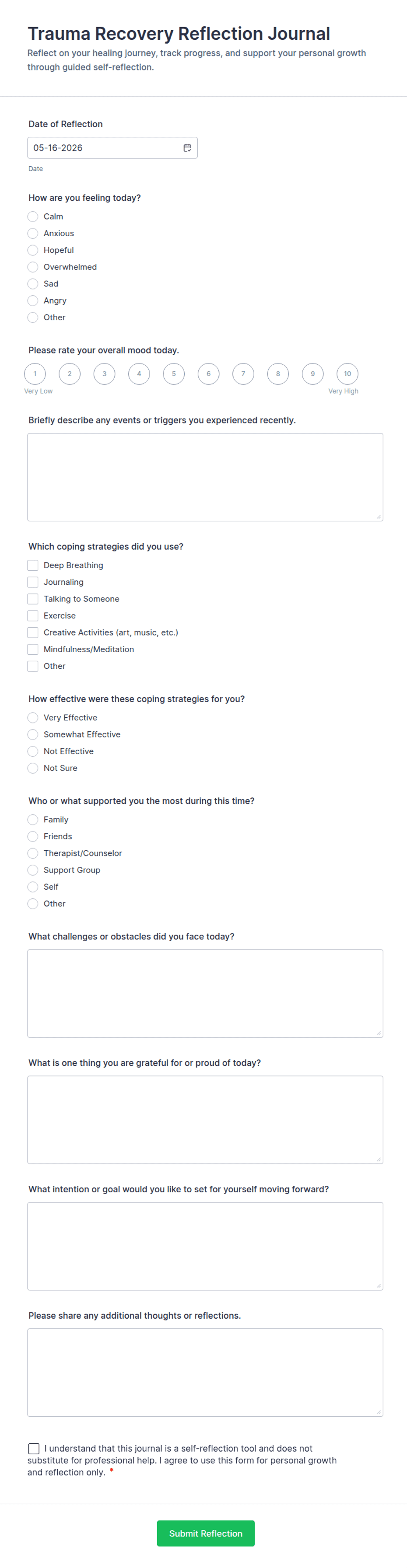Trauma Recovery Reflection Journal Form Template | Jotform