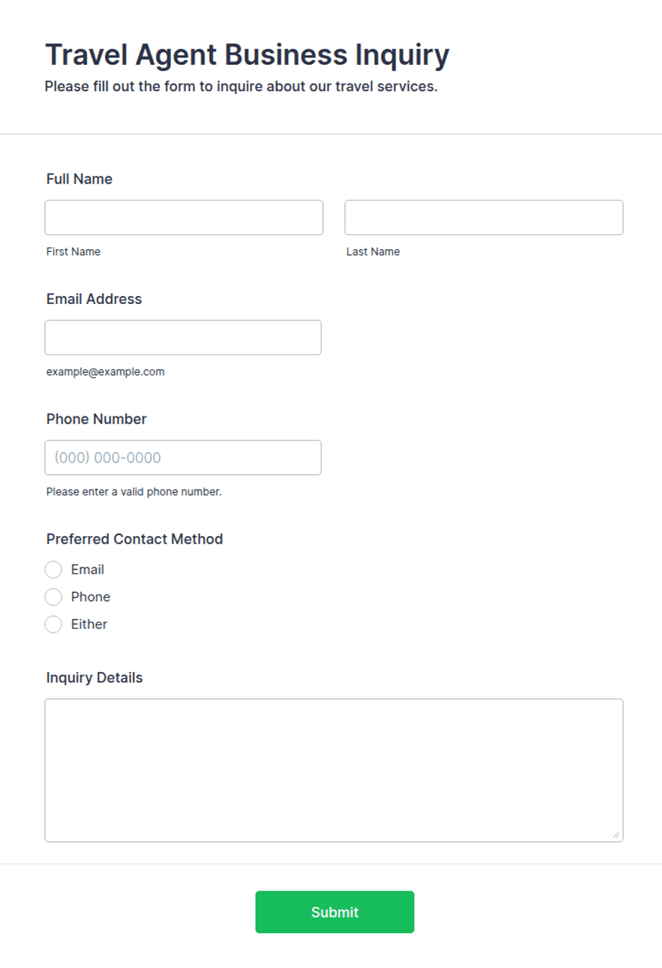 Travel Agent Business Inquiry Form Template | Jotform