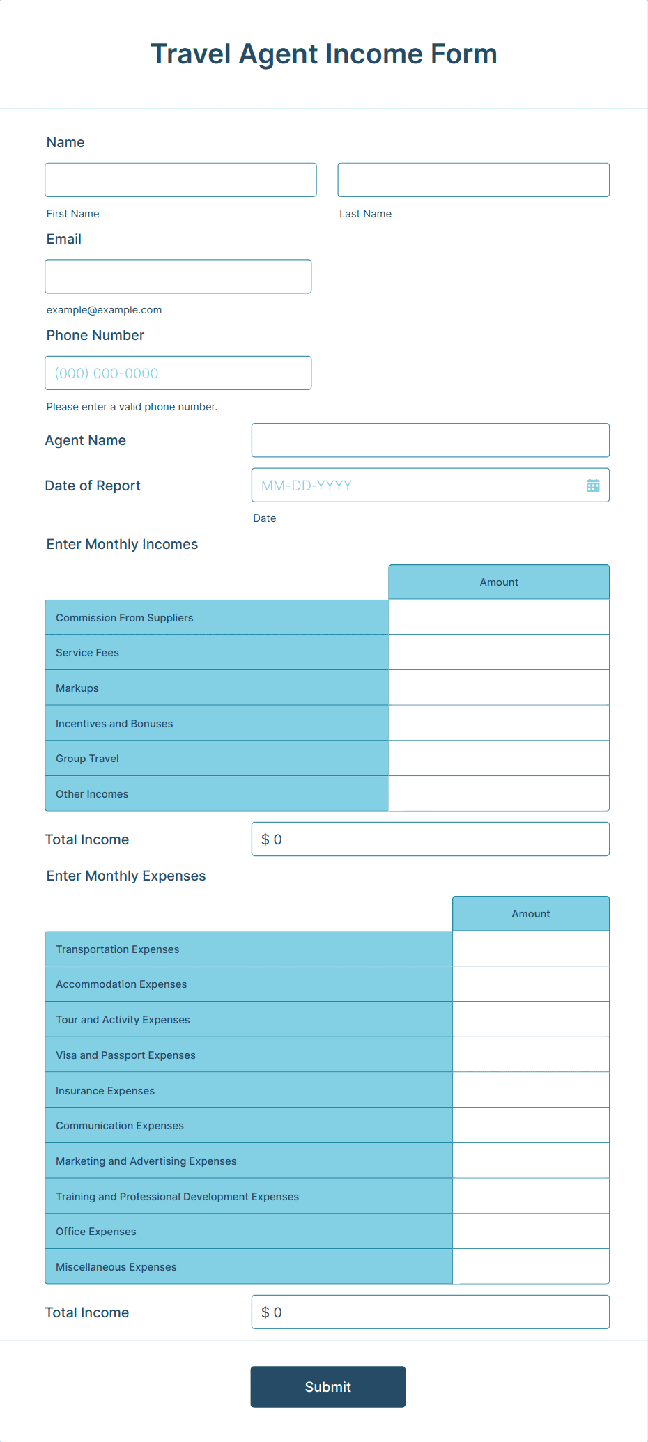 Travel Agent Income Form Template | Jotform