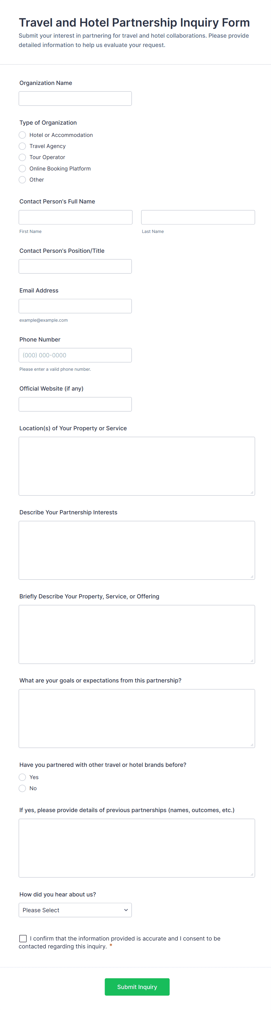 Travel and Hotel Partnership Inquiry Form Template | Jotform