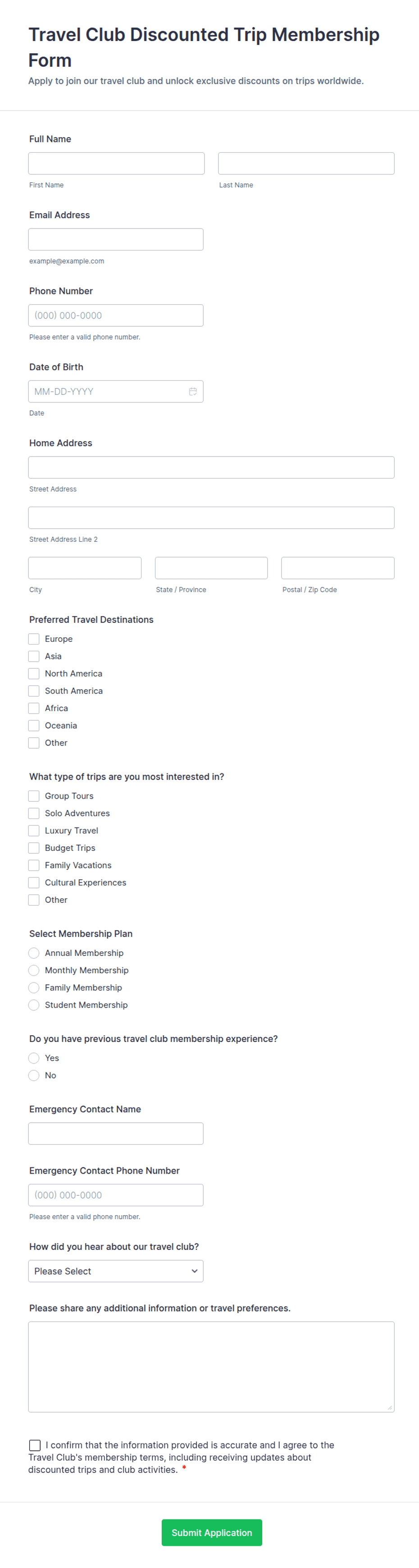 Travel Club Discounted Trip Membership Form Template | Jotform