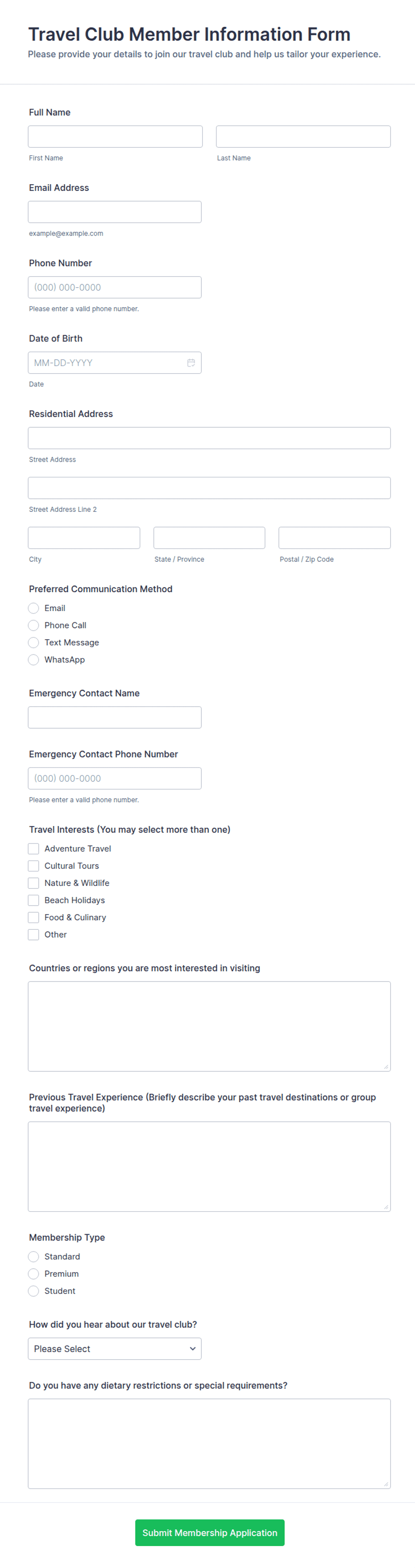 Travel Club Member Information Form Template | Jotform