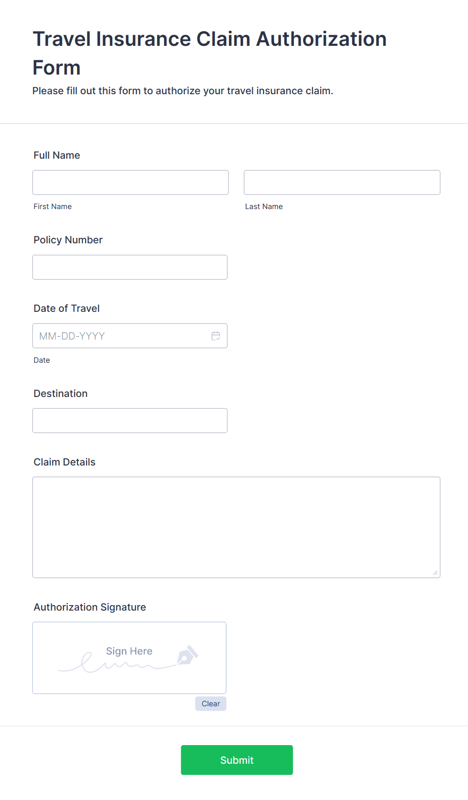 Travel Insurance Claim Authorization Form Template | Jotform