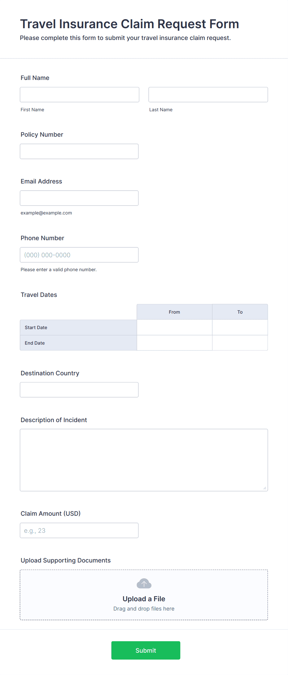 Travel Insurance Claim Request Form Template | Jotform