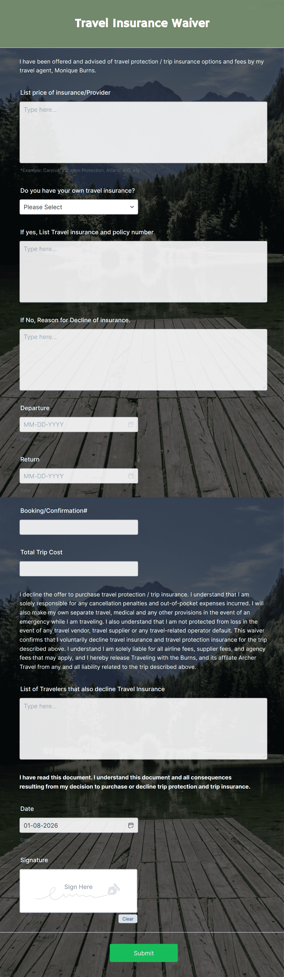 Travel Insurance Waiver Form Template | Jotform