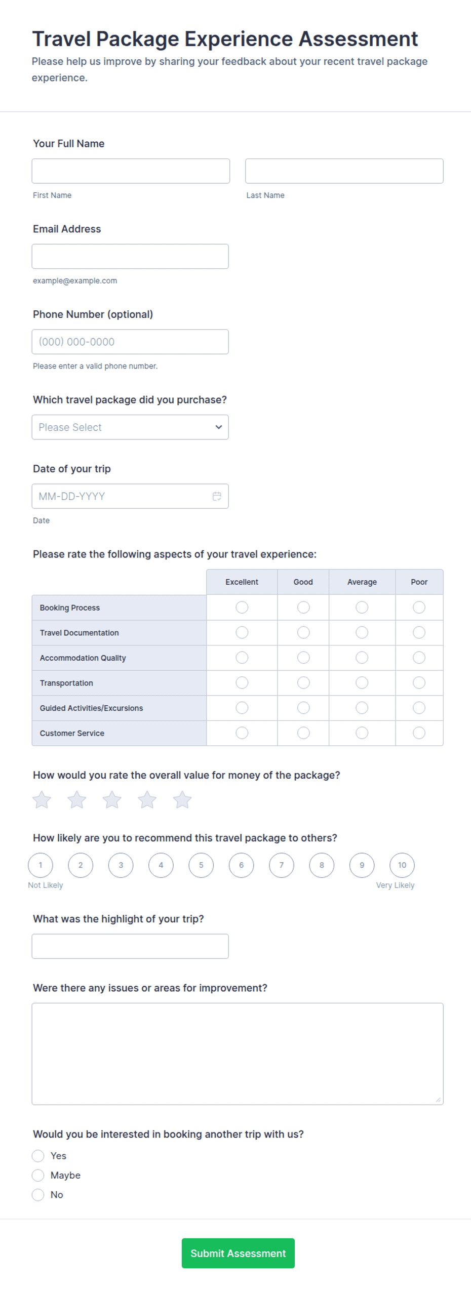 Travel Package Experience Assessment Form Template | Jotform