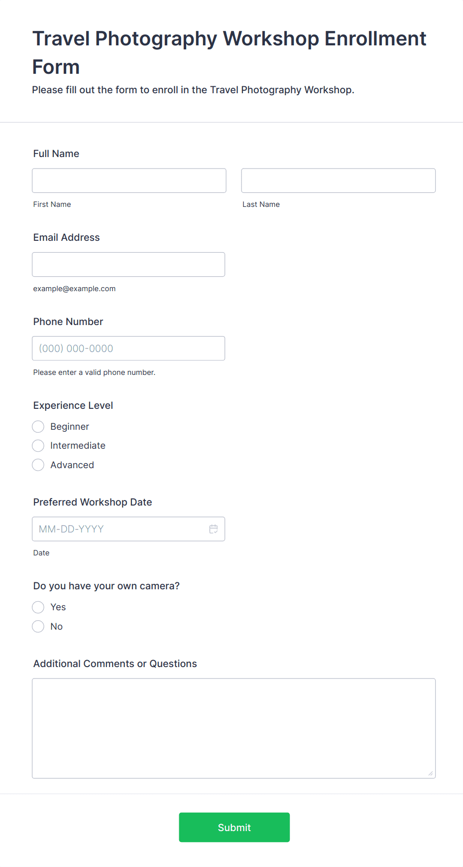 Travel Photography Workshop Enrollment Form Template | Jotform