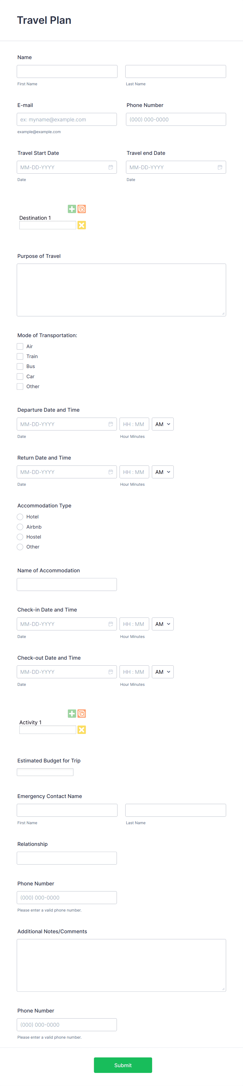 Travel Plan Form Template | Jotform