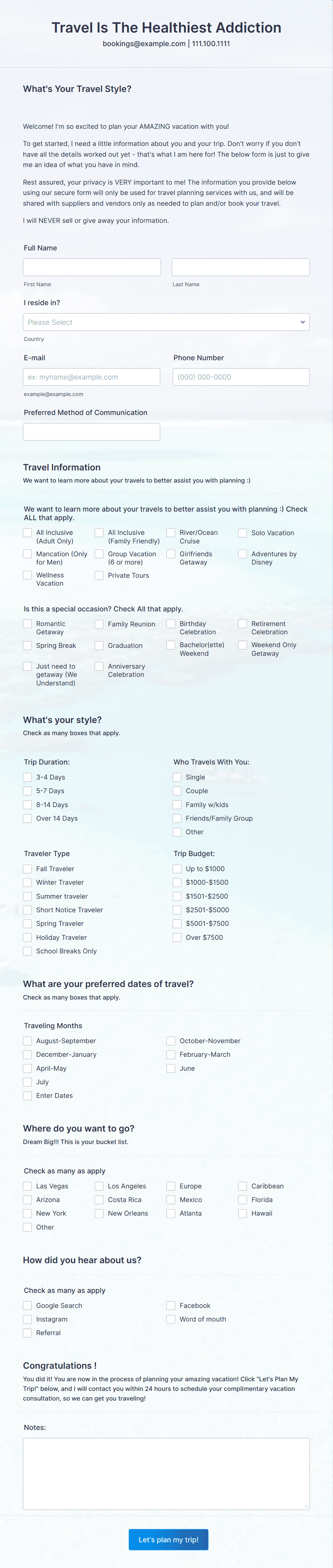 Travel Questionnaire Form Template | Jotform
