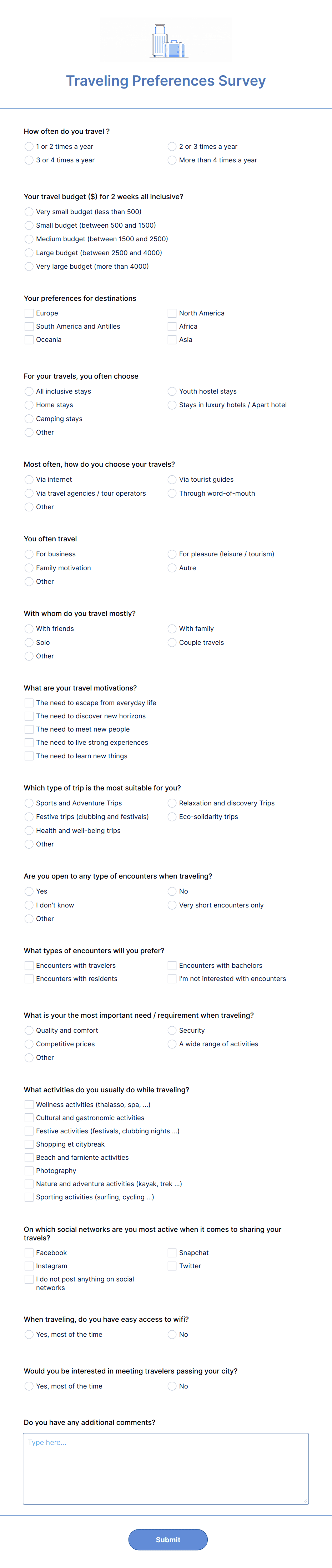 Traveling Preferences Survey Form Template | Jotform
