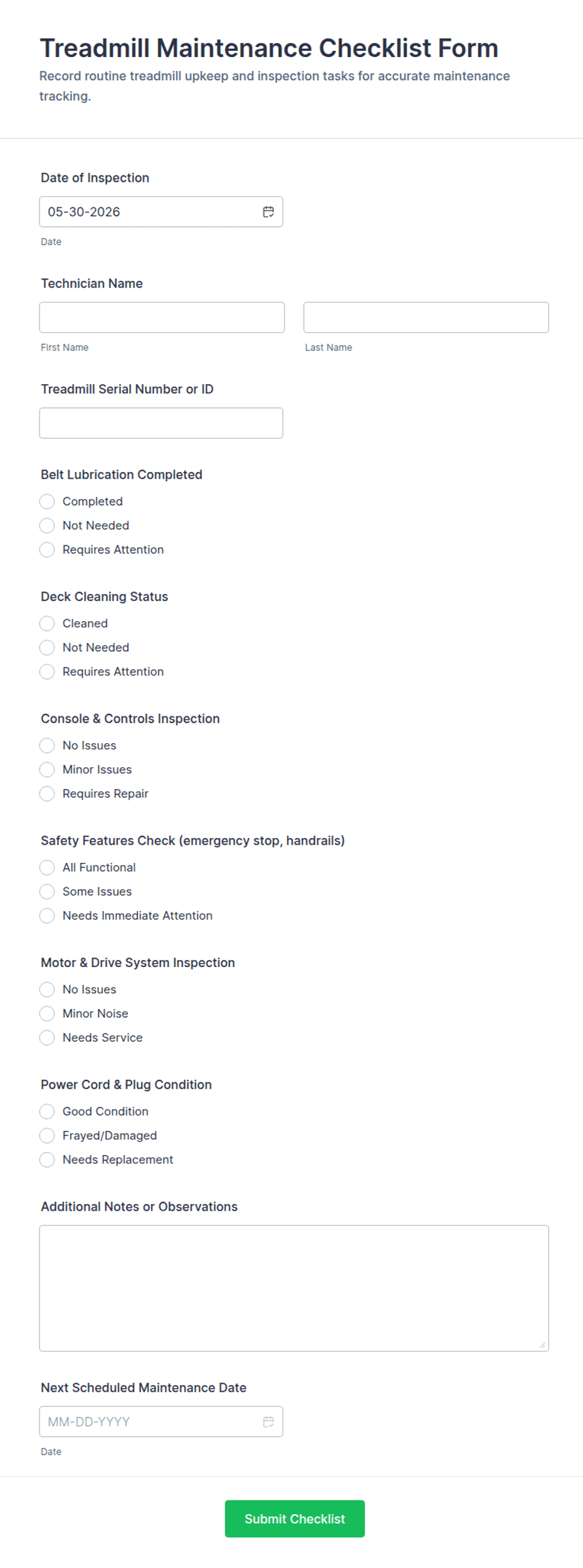 Treadmill Maintenance Checklist Form Template | Jotform