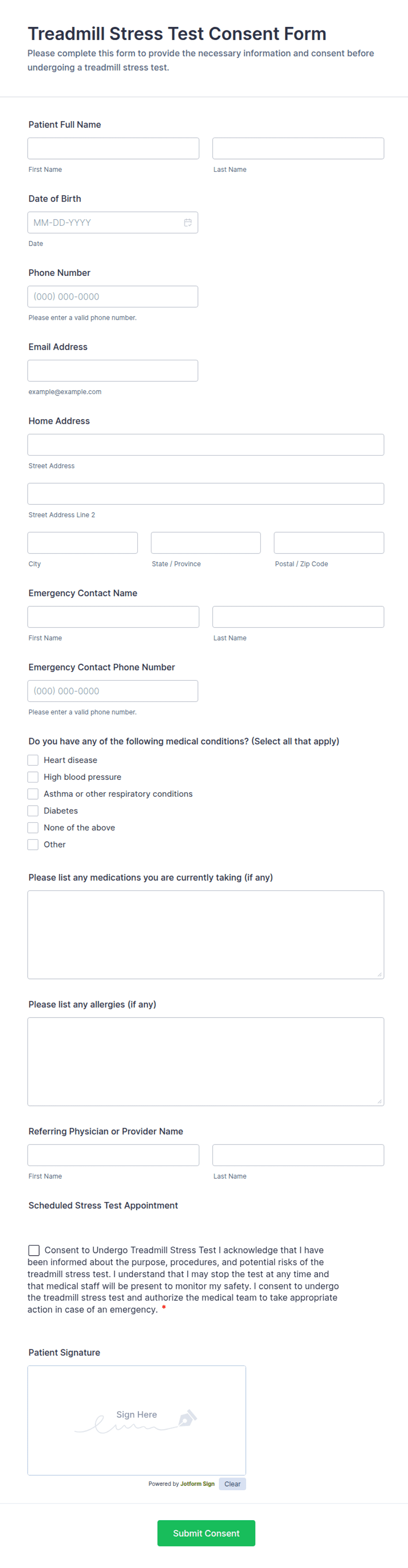 Treadmill Stress Test Consent Form Template | Jotform